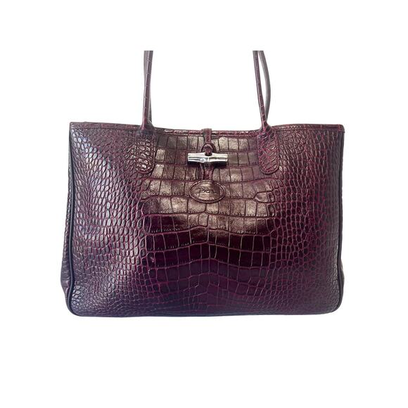 Longchamp | Bags | Longchamp Roseau Bordeaux Purple Croc Embossed ...